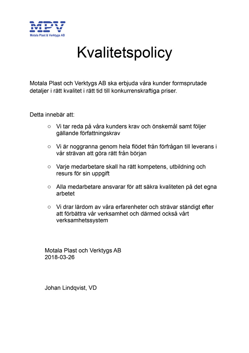 Kvalité och service | Motala Plast & Verktygs AB